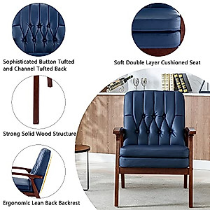 Setawix PU Leather Accent Arm Chairs Set of 2, Solid Wood Mid Century Living Room Chair with Arms,Faux Leather Upholstered Single Sofa Chair,Farmhouse Channel Tufted Reading Bedroom Chair (Navy, 2PC)
