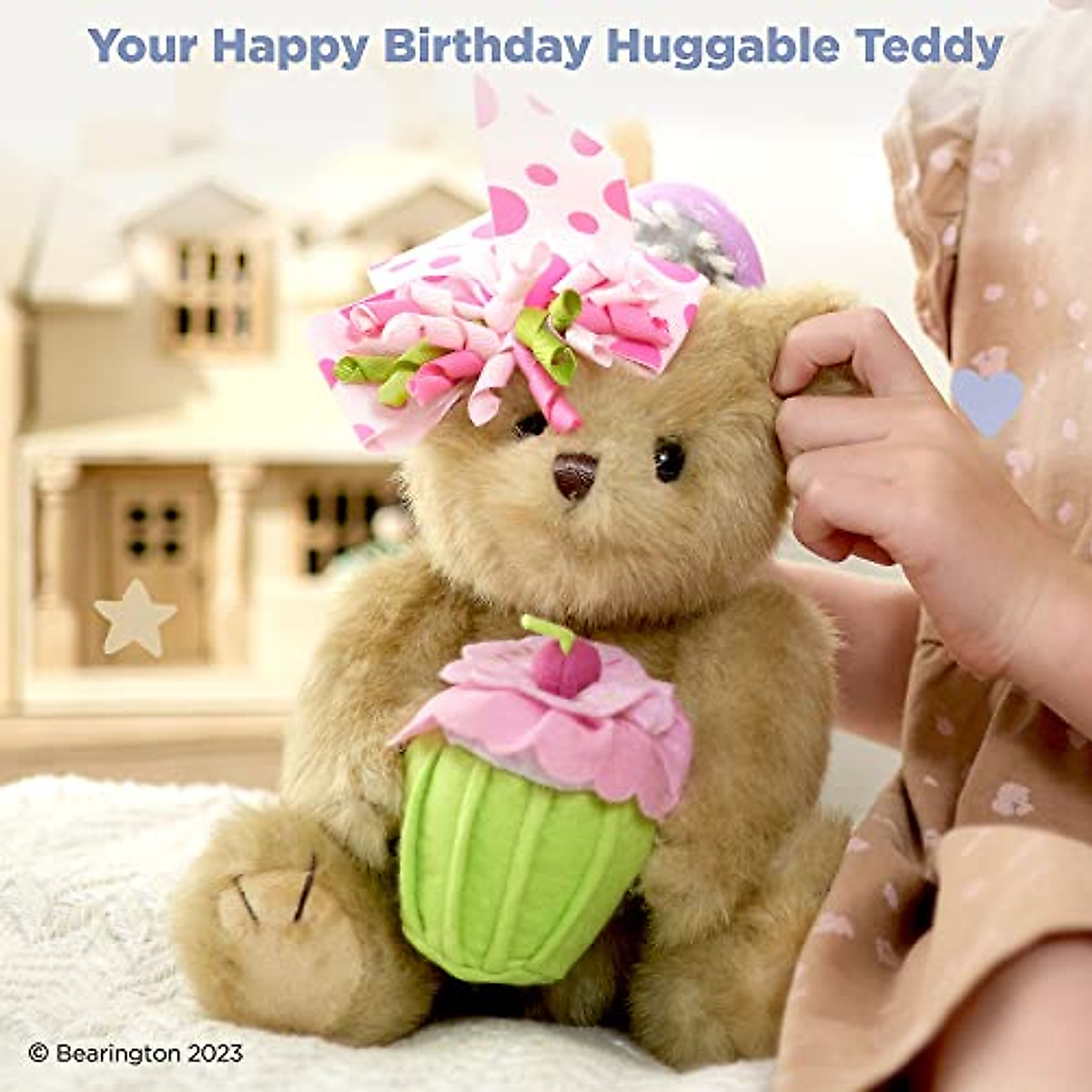 Bearington Casey The Birthday Cake Bear: 10” Tall Stuffed Teddy with Ultra-Soft Faux-Fur, Expressive Face, Adorable Hair Bow and Plush Cupcake, Machine Washable, Birthday Gift for Kids or Adults