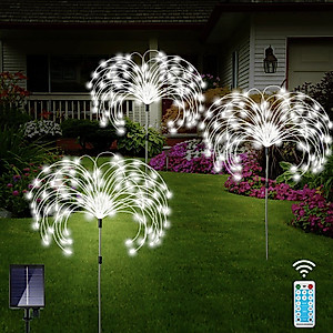 Solar Garden Lights Outdoor Decor, 3 Pack 360 LED Solar Fireworks Lights Waterproof 8 Modes Starburst Lights with Remote, Solar Flower Lights for Pathway Patio Yard Christmas Decorations(Cold White)