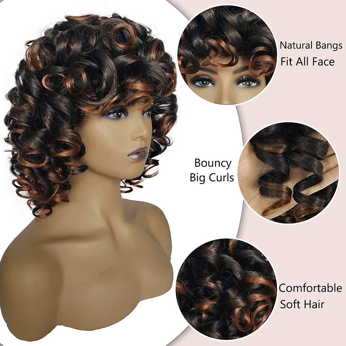 KEAT Curly Wigs for Black Women Short Big Curly Kinky Wigs for Women Afro Wavy Black Mixed Brown Wig with Bangs Cute Natural Synthetic Wigs for African American Women K002
