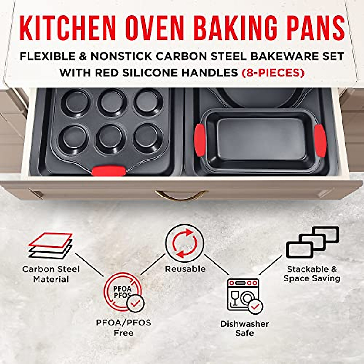 Baking Set – 8 Piece Kitchen Oven Bakeware Set – Deluxe Non-Stick Black Coating Inside and Outside – Carbon Steel – Red Silicone Handles – PFOA PFOS and PTFE Free by Bakken