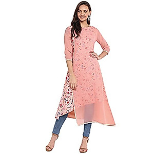 Janasya Indian Women's Tunic Tops Crepe Kurti for Women(JNE3252-KR-S) Pink