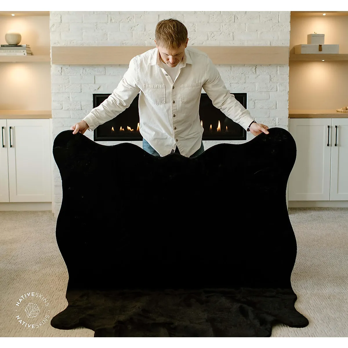 NativeSkins Faux Cowhide Rug – Midnight Black (Medium) | 4.3ft x 5.7ft | Triple-Layer Support | Ultra-Soft Pile | Hand-Cut, Faux Suede No-Slip Backing | Western Rug | Cow Hide Animal Print Rug