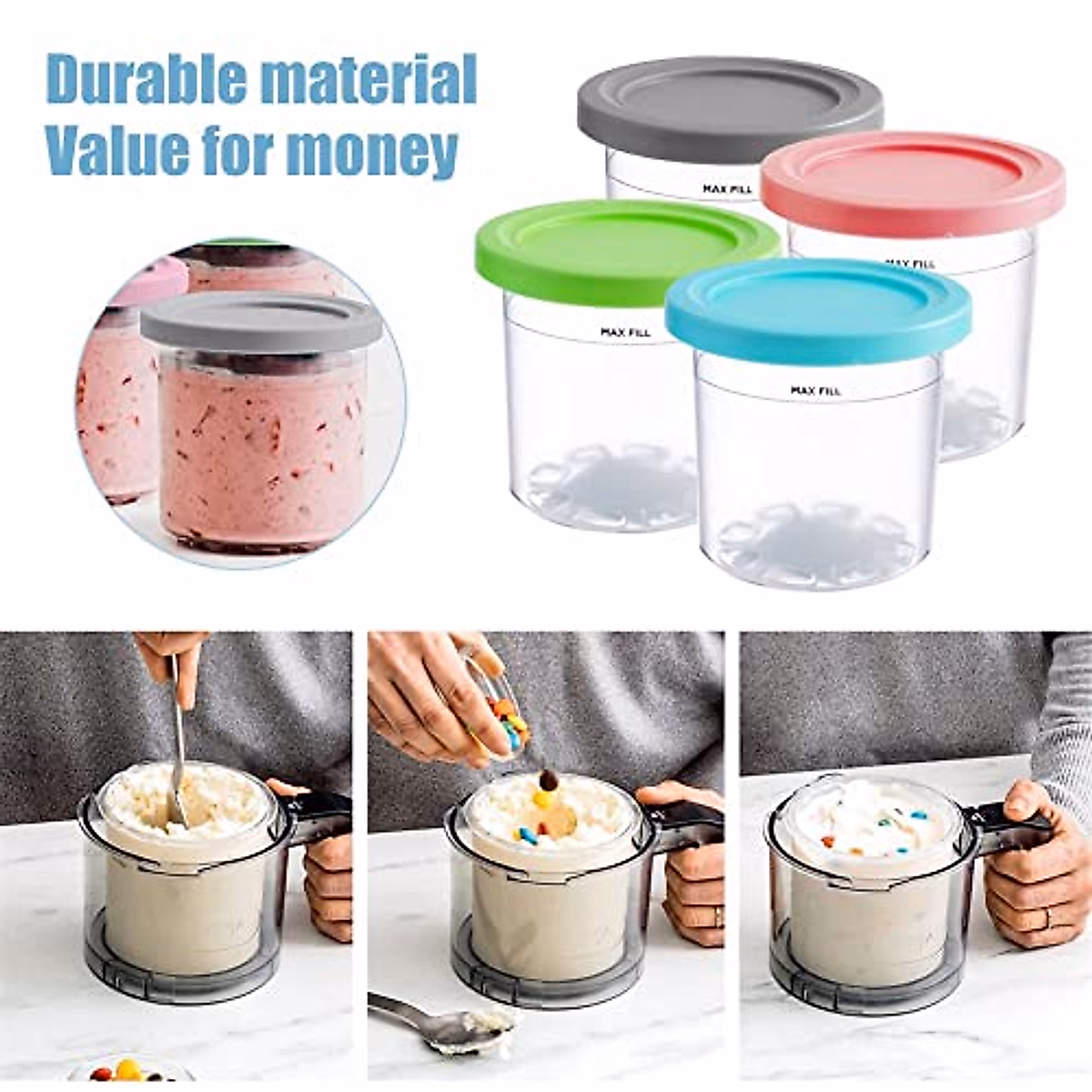 Poosejzl 2023 New Ice Cream Pints Cup,2/4 Pack Creami Pint Containers Replacements for Creami Containers, Creami Pints and Lids for NC301 NC300 NC299AMZ Series Ice Cream Maker (4Pack)