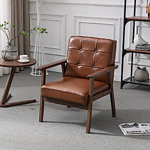 Okeysen Mid Century Modern Accent Chair, Retro Wood Leather Armchairs Side Chair, Lounge Reading Comfy Arm Chair for Living Room, Bedroom, Office (Brown)