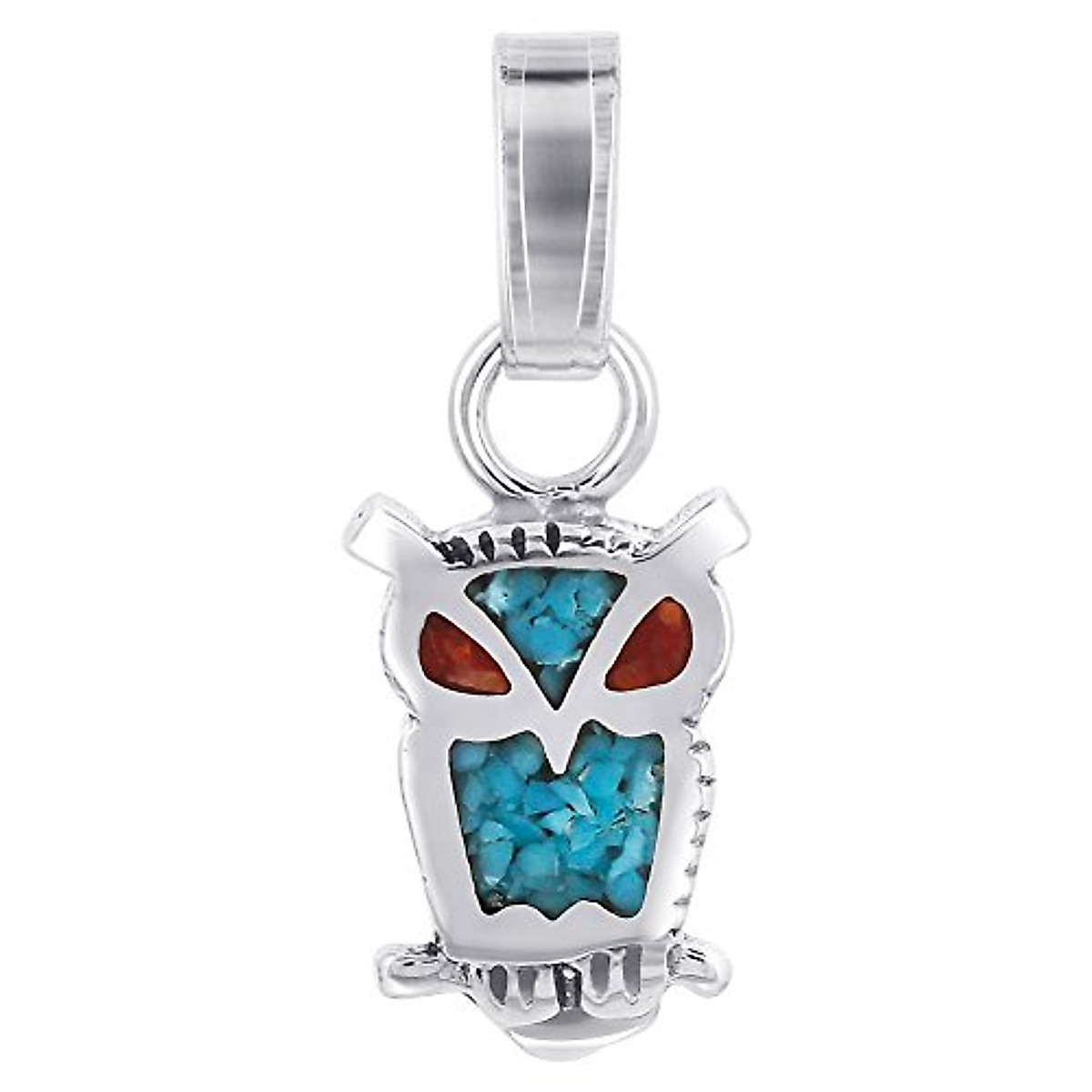 Owl Turquoise and Coral Gemstone Inlay Southwestern Style 925 Sterling Silver Pendant for Women