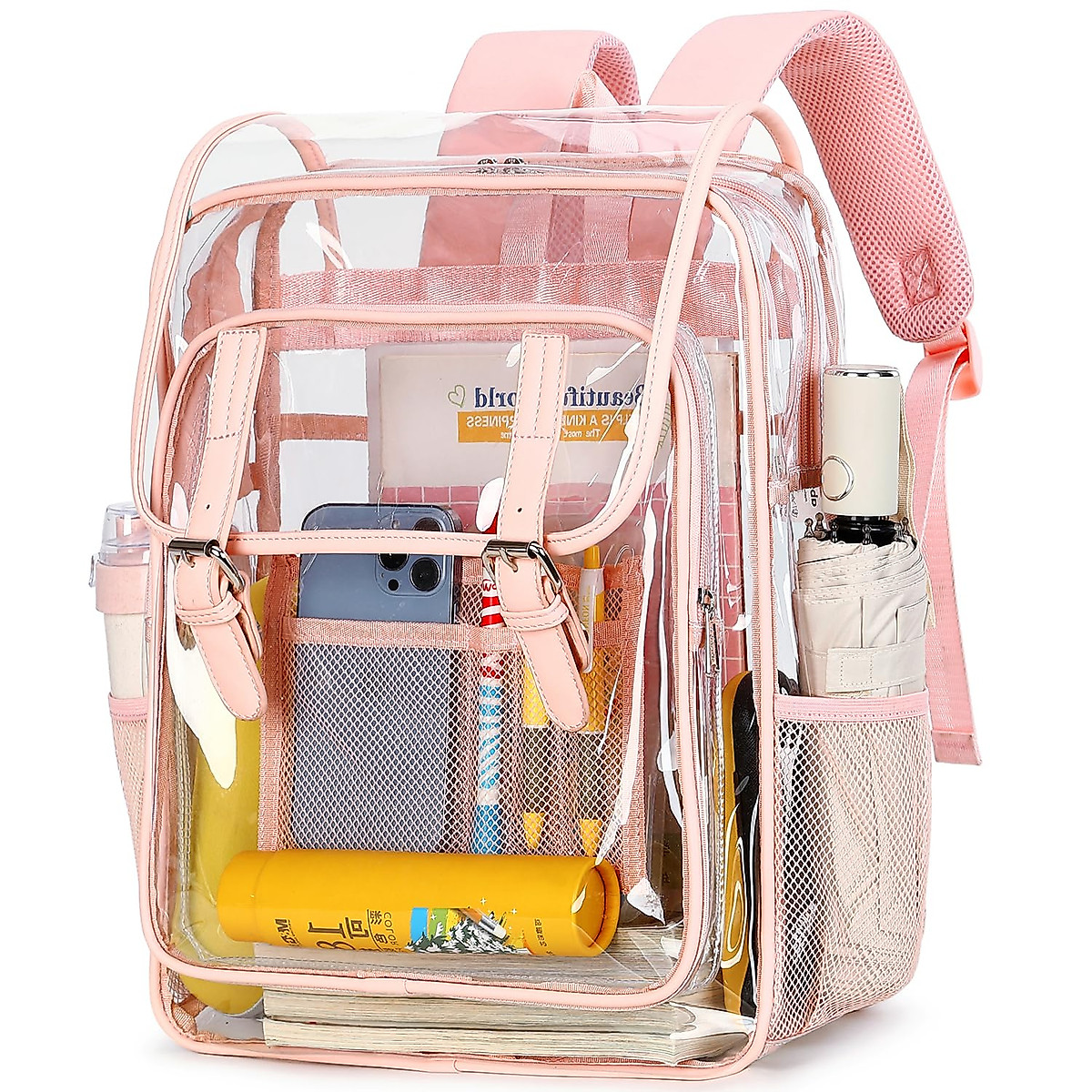abshoo Transparent Clear Backpack Heavy Duty Backpack For School Teen Girls Women Clear Bookbag (Pink)