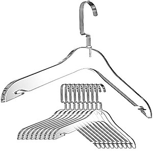 Clear Acrylic Clothes Hangers - 10 Pack Stylish and Heavy Duty Closet Organizer with Silver Chrome Plated Steel Hooks - Non-Slip Notches for Suit Jacket, Sweater, Blouse, and Dress - by Designstyles