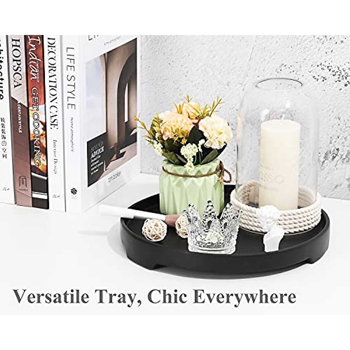 Lewondr Vanity Tray, Marbling Round Tray Resin Decorative Tray Organizer, Display Tray Storage Platter with Handle Table Storage with Elevated Foot for Cosmetic, Jewelry, 27 * 27cm - Matte Black