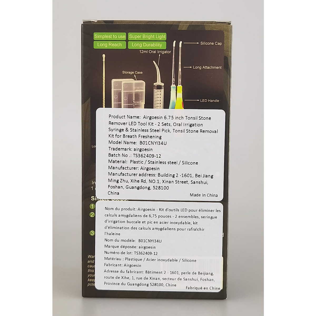 Airgoesin™ 6.75 inch Tonsil Stone Remover LED Tool Kit - 2 Sets, Oral Irrigation Syringe & Stainless Steel Pick, Tonsil Stone Removal Kit for Breath Freshening