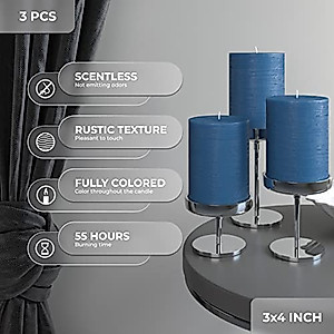 CANDWAX 3x4 Pillar Candles Set of 3 - Decorative Rustic Candles Unscented and No Drip Candles - Ideal as Wedding Candles or Large Candles for Home Interior - Dark Blue Candles