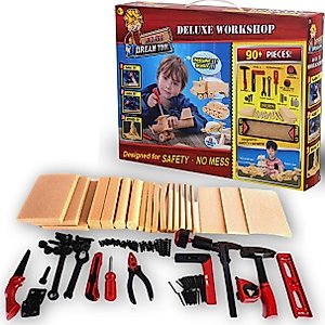 Real Construction Deluxe Workshop – 90 Piece Kids Tool Playset for Teaching Carpentry and Engineering with 8 Project Plans, Safe Faux Foam Wood, and Realistic Tools for Creative Building Fun