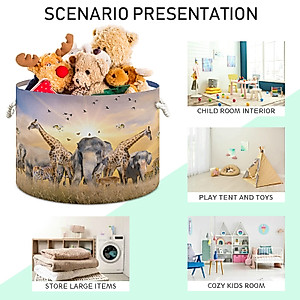 xigua African Safari Animals Round Storage Basket Collapse Canvas Fabric Storage Bin with Cotton Handles for Organizing Home/Kitchen/Nursery/Office/Kids Toy