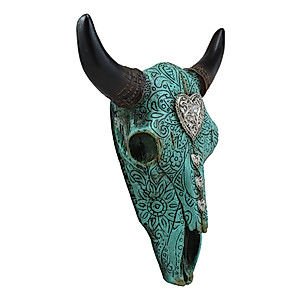 Ebros 10" Wide Western Southwest Steer Bison Buffalo Bull Cow Horned Skull Head Turquoise Silver Heart With Scroll Lace Design Wall Mount Decor Native Indian Sacred Animal Totem Bust Skulls