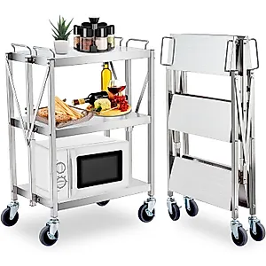 Agrestem 3-Tier Foldable Service Carts with Wheels, Rolling Cart Utility Cart Foldable Cart, 330 lbs Load Capacity, Heavy Duty Professional Utility Cart for Home, Commercial, Garage, Office