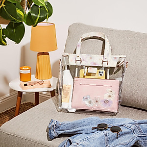 Erin Condren Large Clear Plastic Tote with Wildflower, with Gold Hardware One Inside Pocket - Designer Style Organization - 15" X 12.5" with 5" Gusset, 9” Handle Drop & Printed Trim
