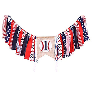Baseball Banner for 1 St Birthday - First Birthday Decorations for Baseball Rag Tie Fabric Garland, Photo Booth Props Red White Blue, Birthday Souvenir and Gifts for Boy