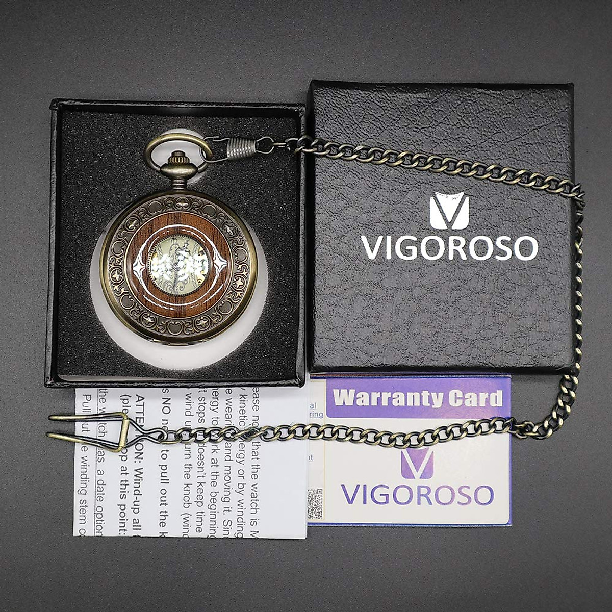 VIGOROSO Men's Hand-Wind Mechanical Pocket Watch Vintage Steampunk Wood Grain Hollow Design with Chain and Box