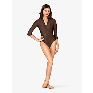Natalie Dancewear Womens 3/4 Sleeve Zip Front Leotard Black S N8733