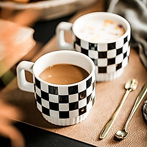Miamolo Stackable Coffee Mug Set of 4 with Rack 11 oz Tea Cup Set with Tea Spoon Perfect for Coffee, Tea, Cocoa, Milk Chessboard Black and White Pattern Coffee Mug as Christmas Gifts