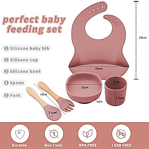 Baby Feeding Set 5 Pcs Silicone Dinner Plates and Cutlery Set, Santi & Me Baby Weaning Bowls with Suction & Silicone Bibs & Spoon and Fork & Toddler Cups Training Dishes Utensils(Dark Pink)