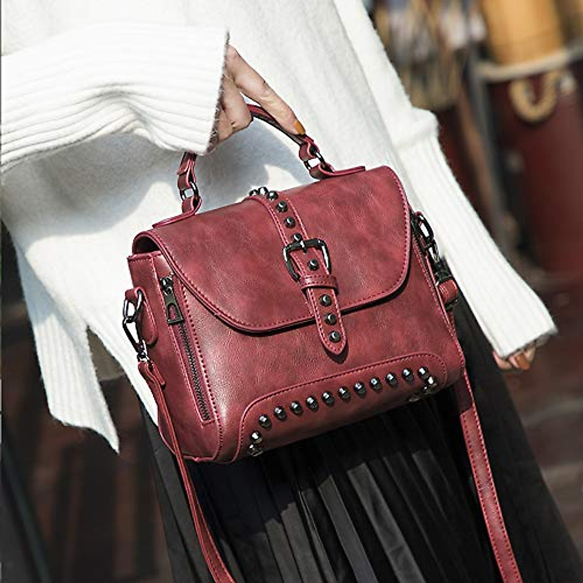 Segater® Womens Vintage Rivet Saddle Shoulder Bag Crossbody Bag Sling Bag Shopper Travel Satchel