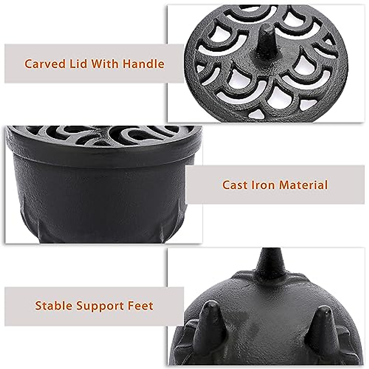 JUXYES Vintage Tripod Incense Burner Holder with Lid, Cast Iron Incense Holder Metal Cauldron Censer Antique Cone Coil Incense Burner Holder for Incense Resins, Cones or Wax Melts