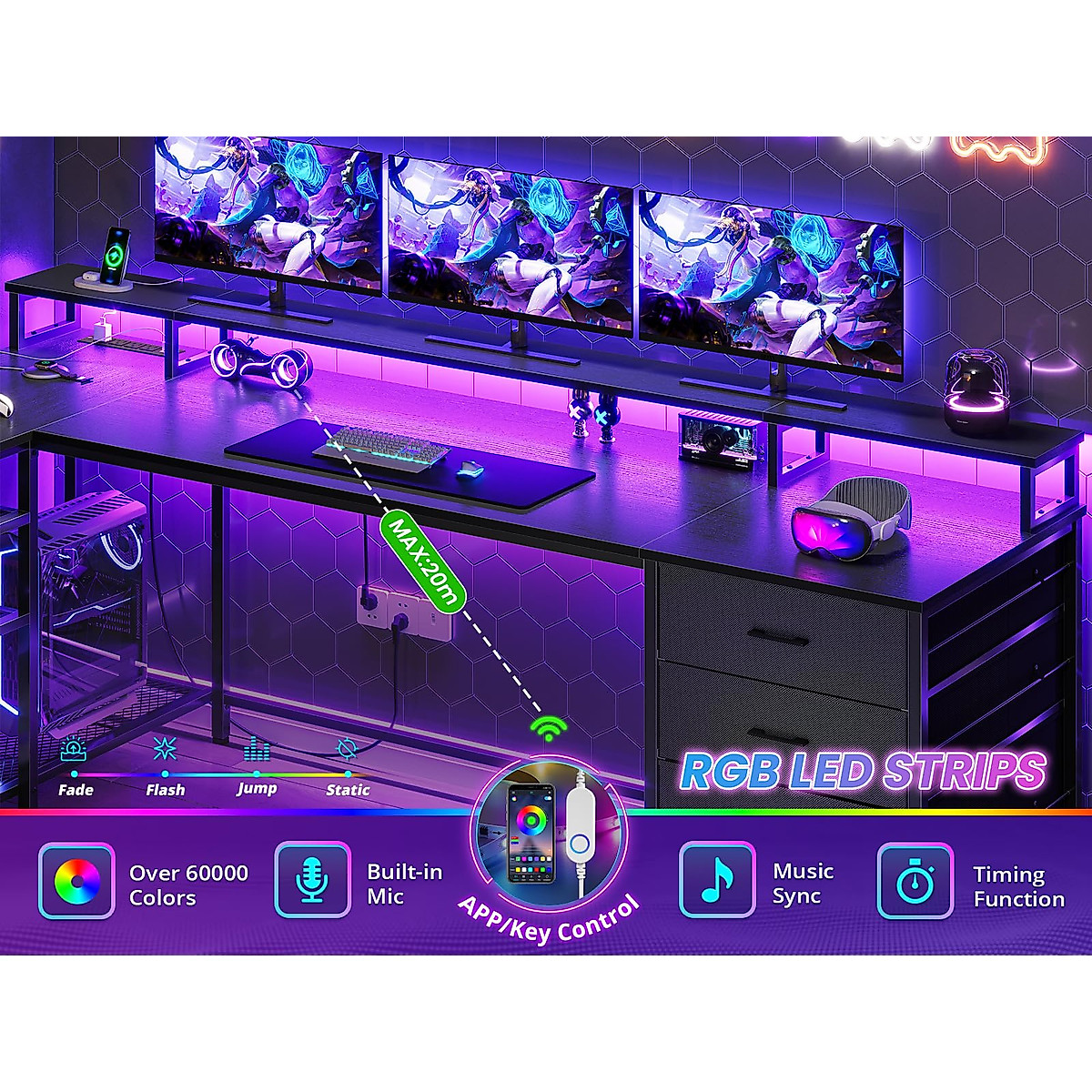 UPOSOJA L Shaped Gaming Desk with 3 Drawers, 78" Reversible Computer Desk with Power Outlet & LED Strip, Home Office Desk with Storage Shelves, Monitor Shelf, Mouse Pad Black