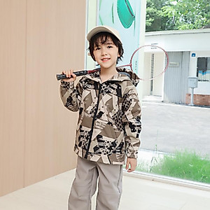 Feidoog Boys Girls Waterproof Outdoor Jackets Lightweight Fleece Lining Hooded Windbreaker Coat Outerwear,Khaki,4-5T