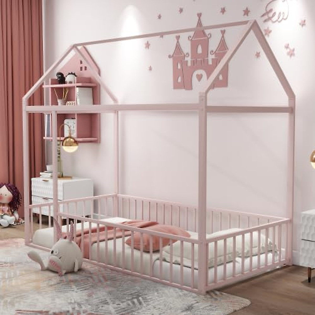 Twin Size Pink Floor Bed Frame with Safety Fence and Door, Metal Montessori Bed Toddler Floor Bed for Kids Girls Boys,Twin House Floor Bed Frame with Roof, No Box Spring Needed (Pink)