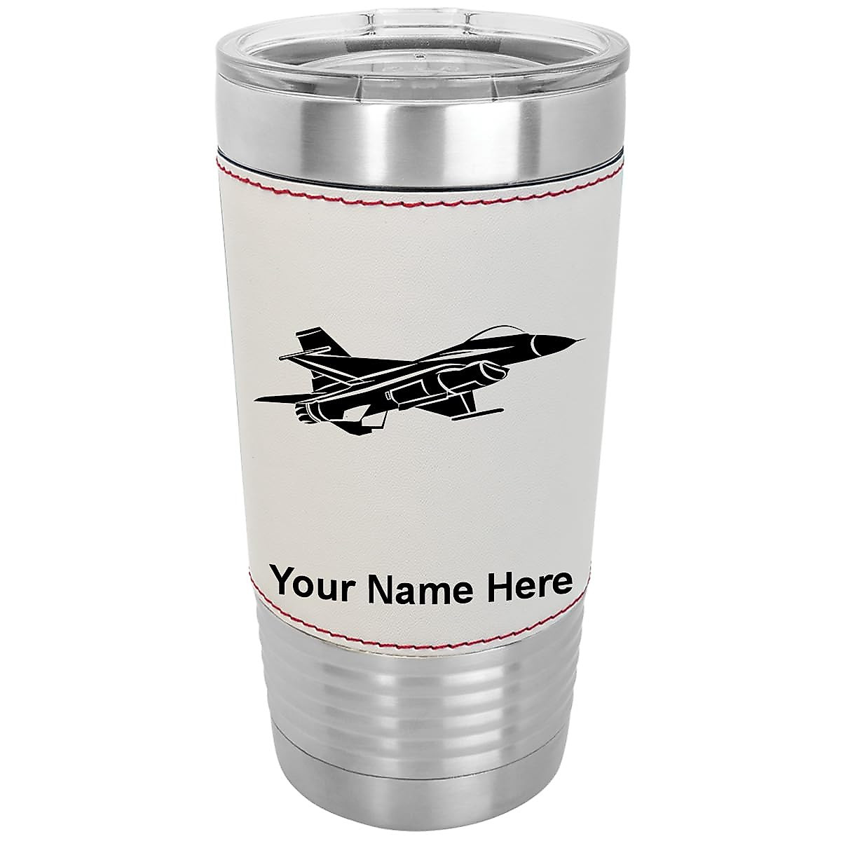 LaserGram 20oz Vacuum Insulated Tumbler Mug, Fighter Jet 1, Personalized Engraving Included (Faux Leather, Baseball Style)