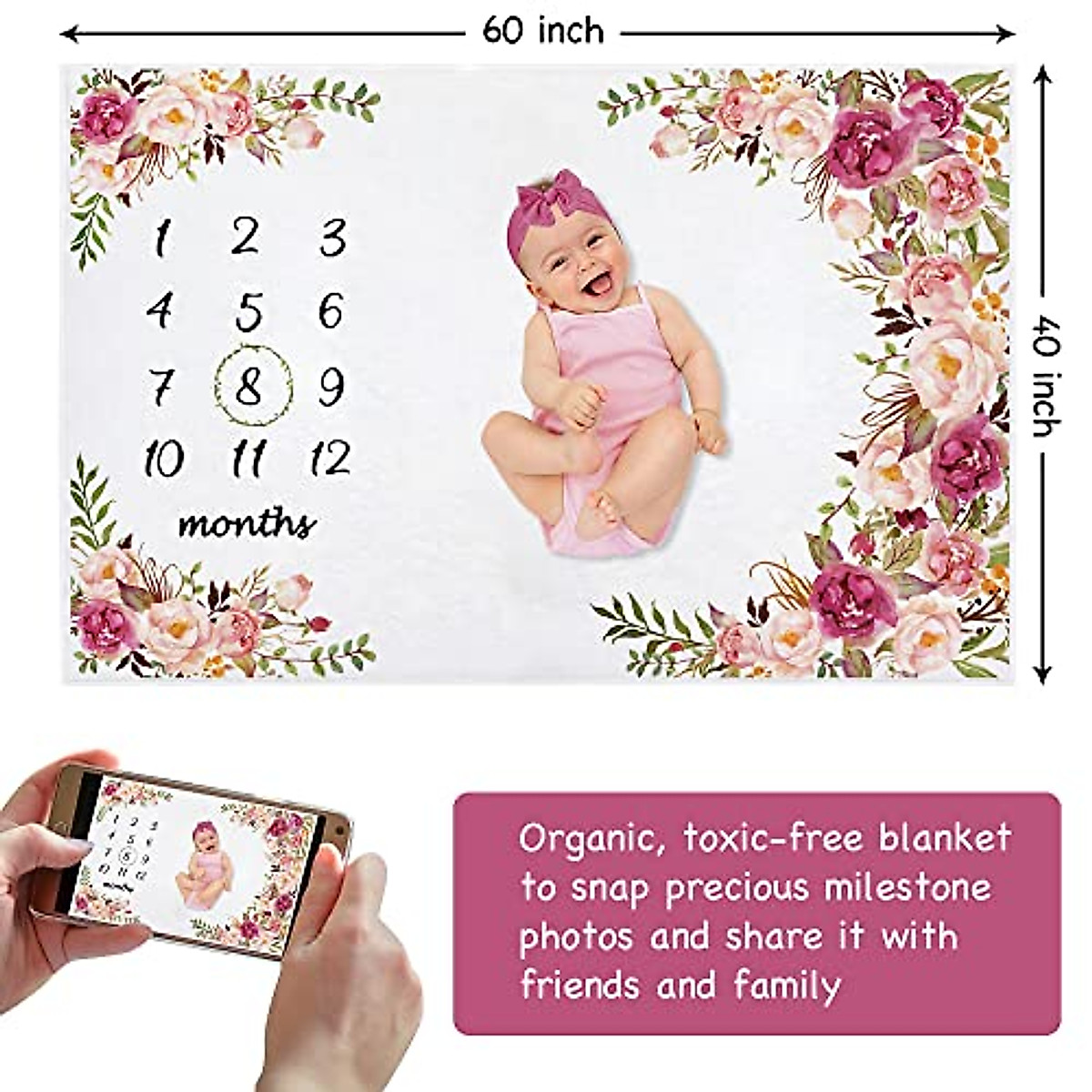 Yokakio Baby Monthly Milestone Blanket Girl, Milestone Blanket for Baby Girl, Track Growth and Age, Newborn Shower Gifts for Mom, Includes Floral Wreath & Pink Bow Headband, 60" X 40"