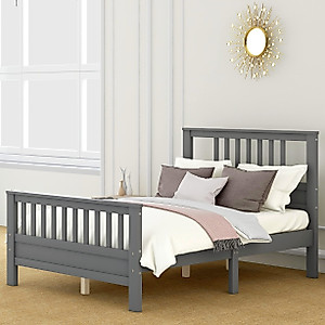 Merax Full Bed Frame,Wood Platform Bed with Headboard,Full Size Bed Frame for Kids,No Spring Box Needed (Grey Full Bed)