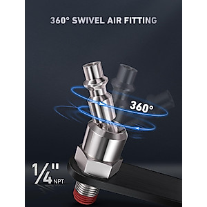 EVOULTES Pneumatic Tool Rafter Hook Hanger with 1/4 & 3/8 Inches Brass Air Fitting, 360° Swivel Lightweight Aluminum Air Tool Organizer Holder, L Shaped Hook for Air Nailer, Air Blow Gun