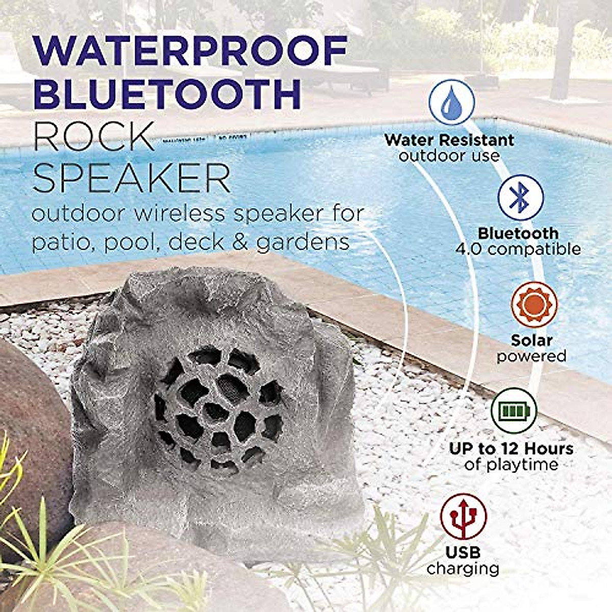 Alpine Corporation - Waterproof Bluetooth Solar-Powered Outdoor Wireless Rock Speaker – 50 Foot Range - Weatherproof, High-Fidelity Sound, Energy Efficient Solar Charging, Portable Audio System (Gray)