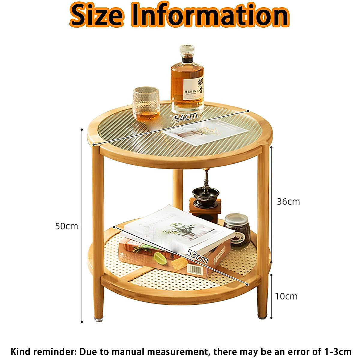 CUPKEE Bamboo Round Side Table, Glass End Tables, Double Layer Large Capacity Coffee Table with Storage for Living Room, Balcony, Bedroom