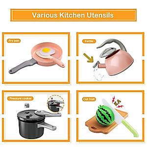 Funpynani 130Pcs Kitchen Playset, Toddler Pretend Cooking Play Pots, Pans, Utensils Cookware, Daily Food Fruit Veges, Shopping Storage Basket, Dessert, Prop Money, Learning Gift for Child (Pink)