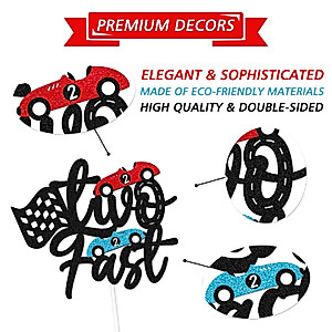 Two Fast Cake Topper Racing Car Chequered Flag Themed Happy Birthday Party Supply for Boys Girls Kids 2nd Second Two Bday Cake Decoration