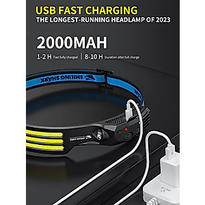 Smiling Shark LED Headlamp, 230°Wide Angle 3*White Light Strips The Brightest Head Lamp Rechargeable with Motion Sensor Waterproof Headlight for Camping Hiking Outdoor, Head-Lamp-LED-Frontale-Light