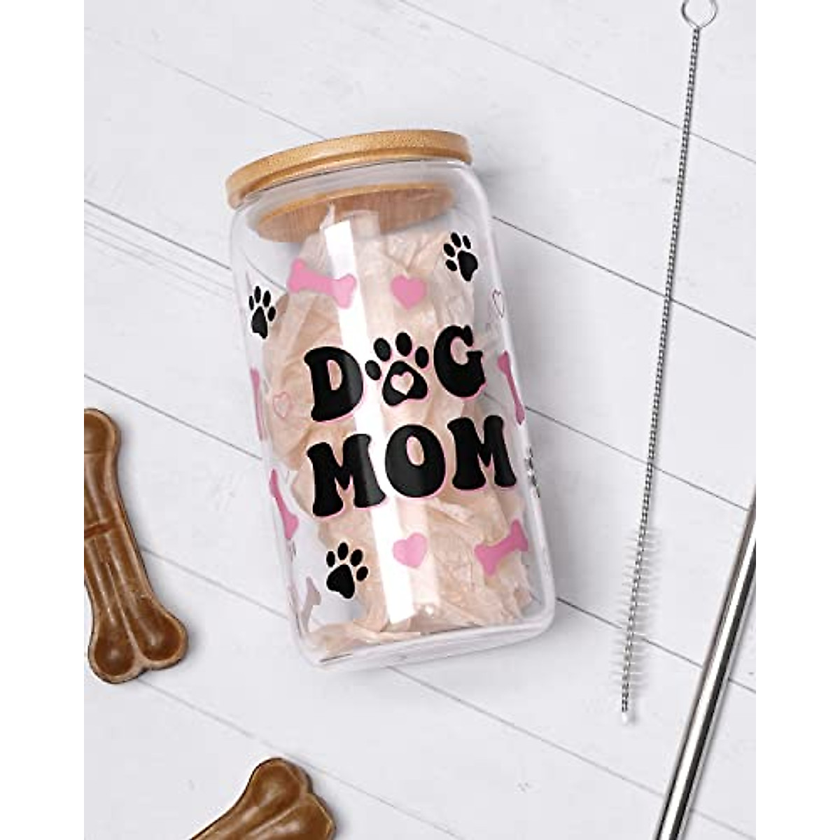 Dog Mom Gifts Beer Glass Can for Women 16oz Dog Paw Iced Coffee Cup with Bamboo Lid and Metal Straw for Dog Pets Lover Smoothie Wine Coffee Tumbler Cold Drinking Glass Birthday Gift Her Spring Summer