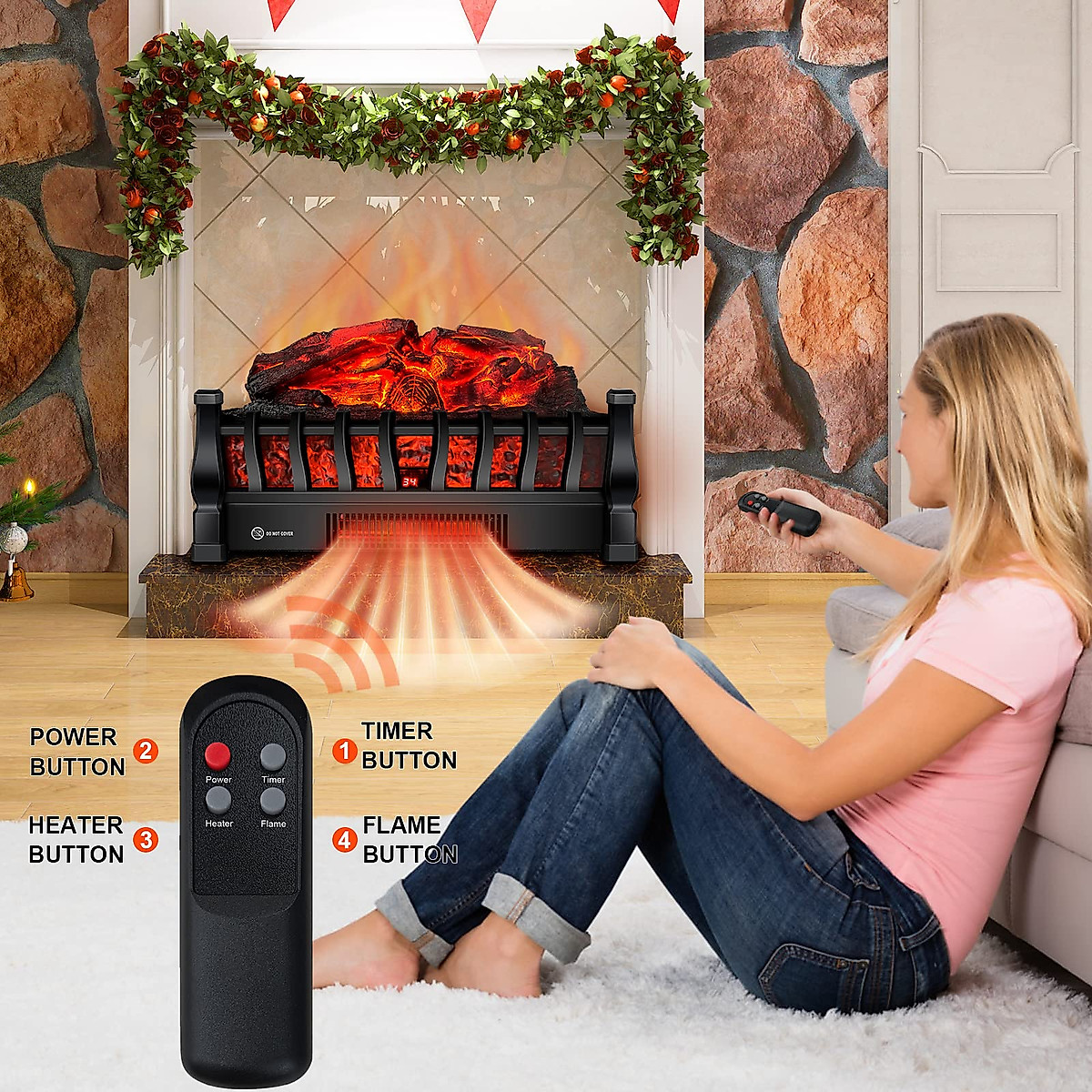 Electric Fireplace Logs Inserts Heater with Infrared Remote Controller 5 Flame Brightness 24h Timer Overheating Protection for Home and Office Decor Black