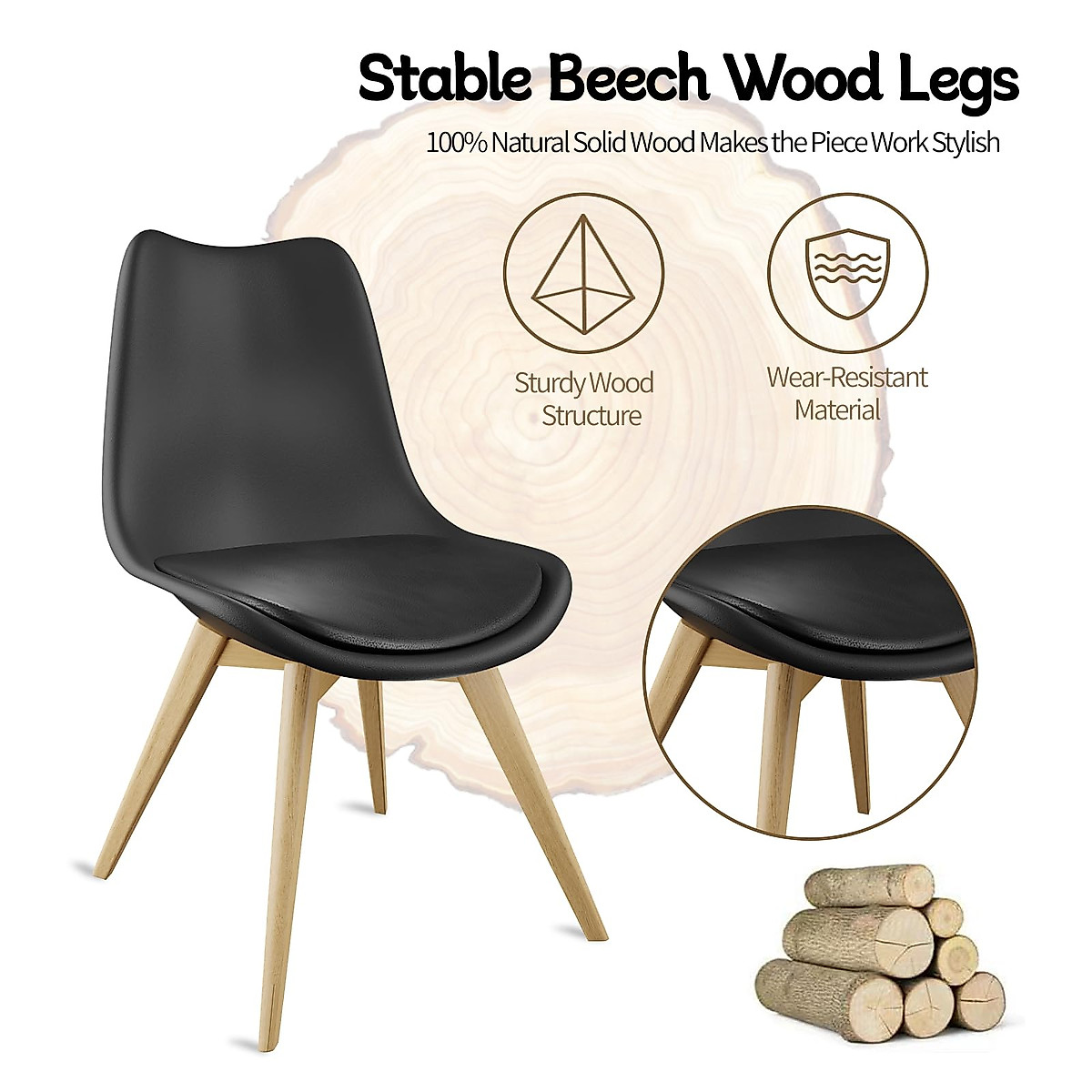 KR EVERKIND Modern Dining Room Chair Set of 4, Mid Century Modern Shell Chair with Beech Wood Legs and Soft Padded, DSW Upholstered Side Chair for Kitchen, Dining, Bedroom, Living Room, Black