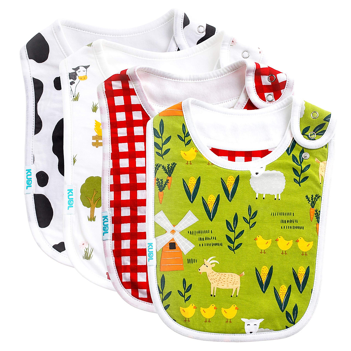 KUDL Baby Bib Large Toddler Burpy Absorbent Feeding Reflux Drool Teething Snap Button (Farm)