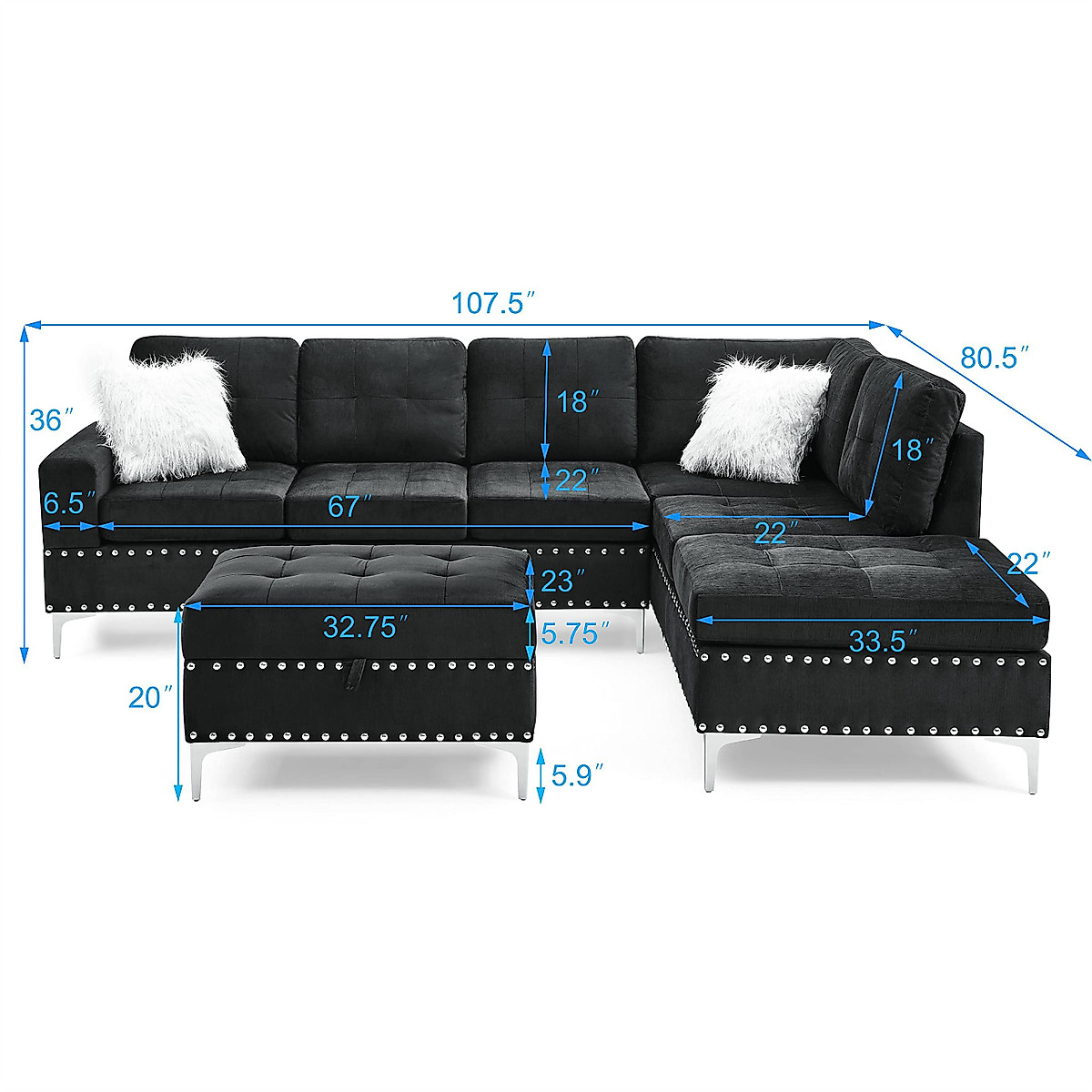 Melpomene L Shaped Sectional Couches Reversible for Small Living Room, Sofa Set in Black Smooth Velvet with Storage Ottoman, Reversible Chaise and Chrome Legs