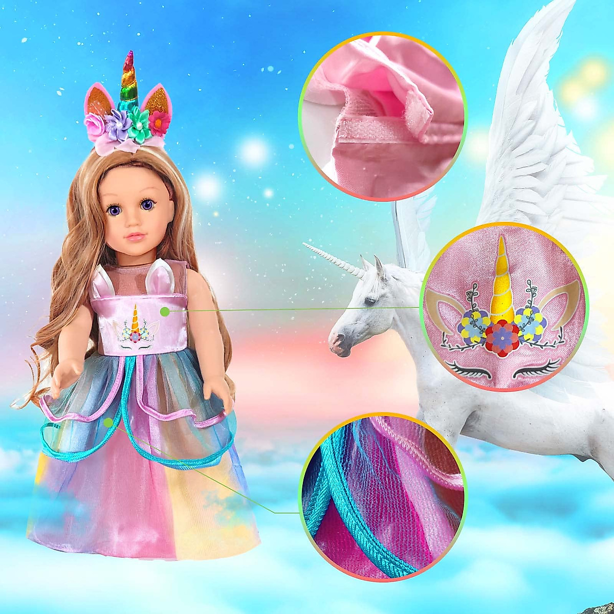 WONDOLL 2-Sets 18-inch Doll-Clothes Set - Unicorn Clothes with Hair Clip and Headband - Compatible with All 18 inch Dolls Accessories for Kids -Pink