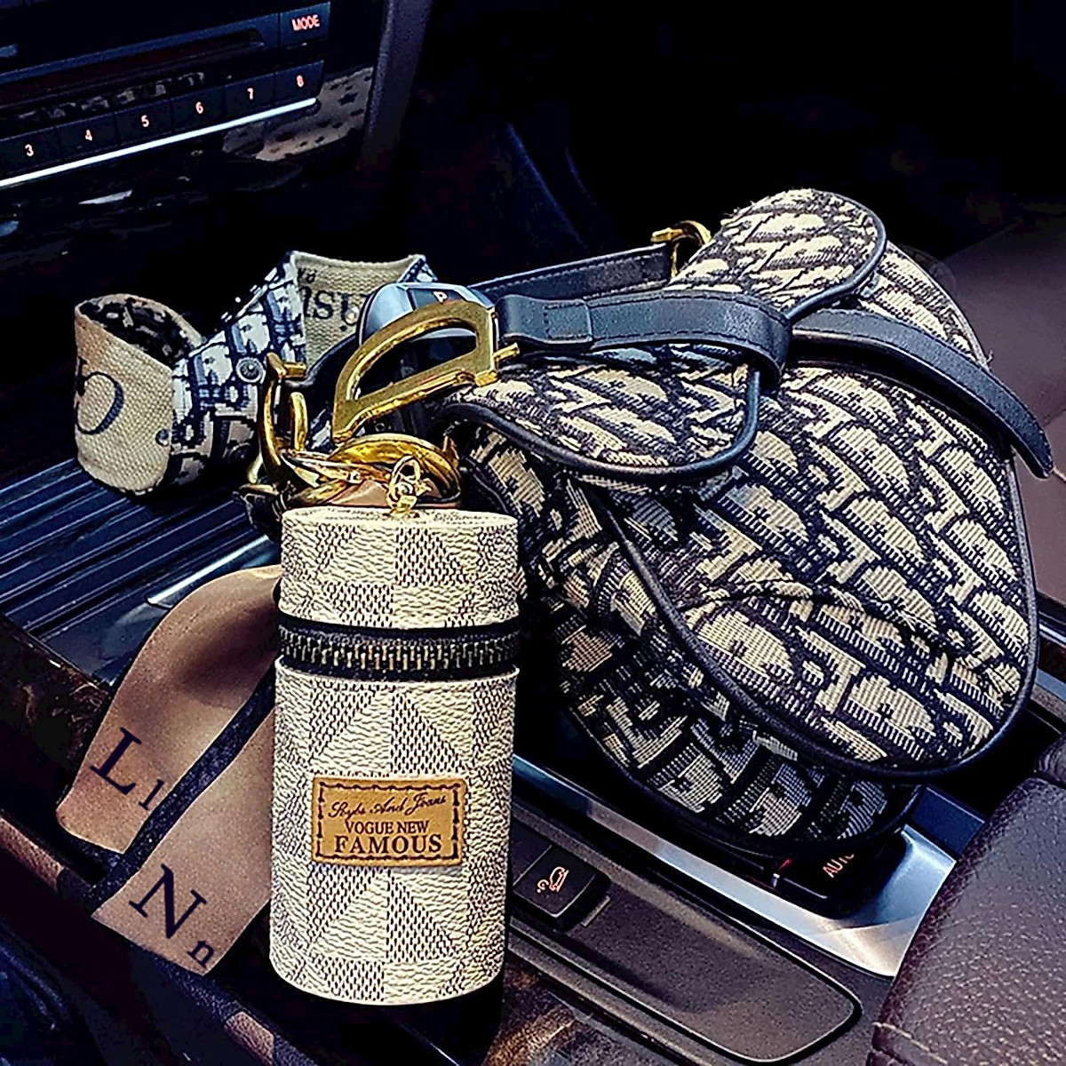 2Pcs Lipstick Organizer, Luxury Leather Lip Gloss Bag, Mini Lipstick Case with Keychain, Girls travel Lipgloss Makeup Storage Holder for Purse Perfume Fingernail Polish (Classic)