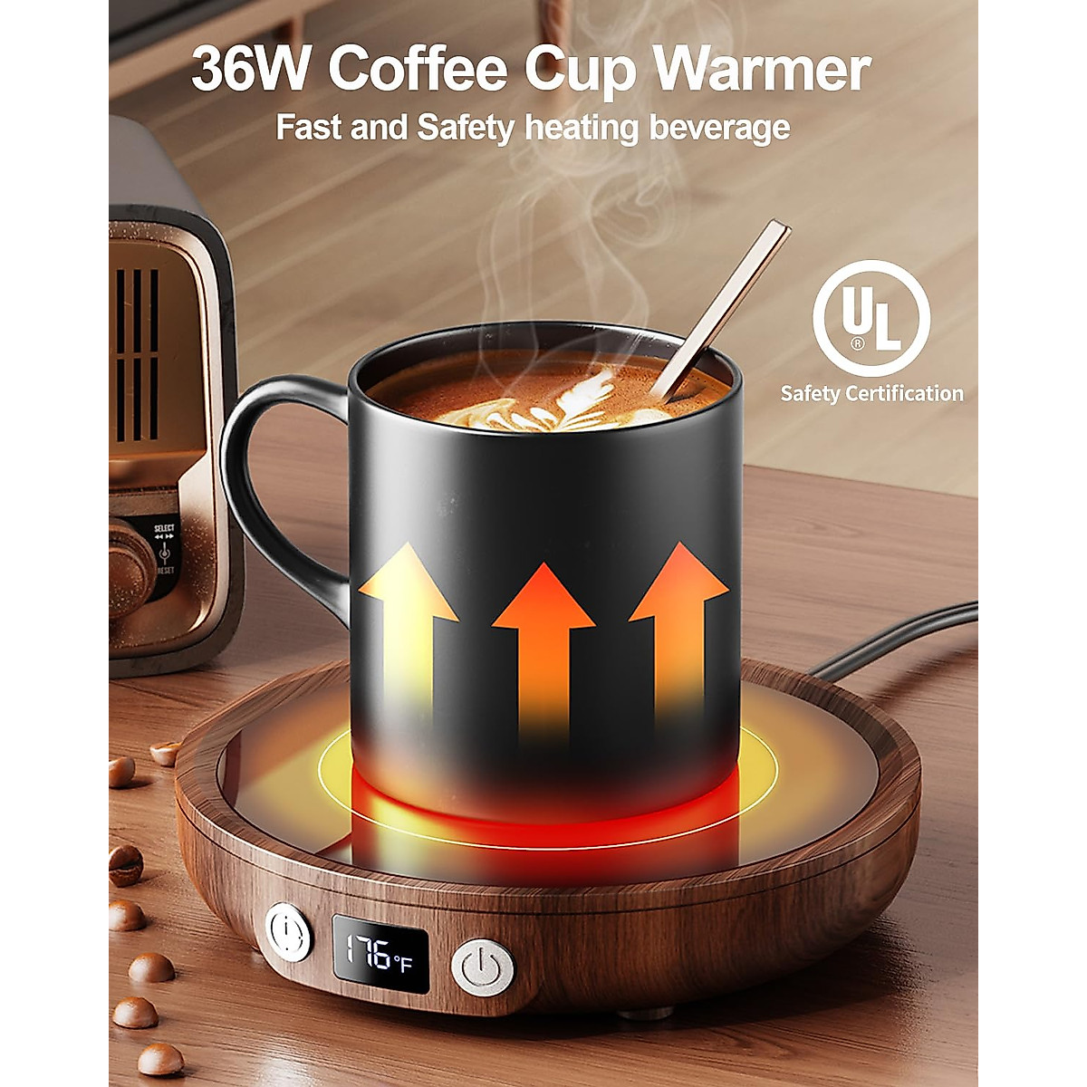 SWEETFULL Mug Warmer, 36W Coffee Cup Warmer for Desk with 3-Temp Settings Display, 2-12H Timer, Candle Warmer Plate, Coffee Accessories for Women Men Mom Dad - Wood