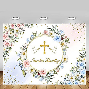 MEHOFOND 7x5ft Nuestro Bautizo Backdrop for Boys and Girls Pastel Pink Blue Floral Baptism First Holy Communion Photography Background Gold Cross Peace Doves Christening Photo Banner