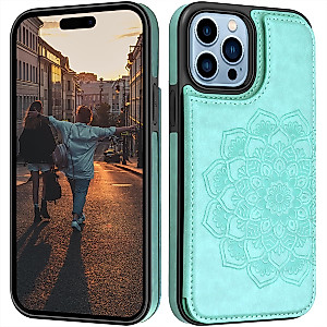 MMHUO for iPhone 15 Pro Max Case with Card Holder, Flower Magnetic Back Flip Case for iPhone 15 Pro Max Wallet Case for Women, Protective Case Phone Case for iPhone 15 Pro Max,Mint
