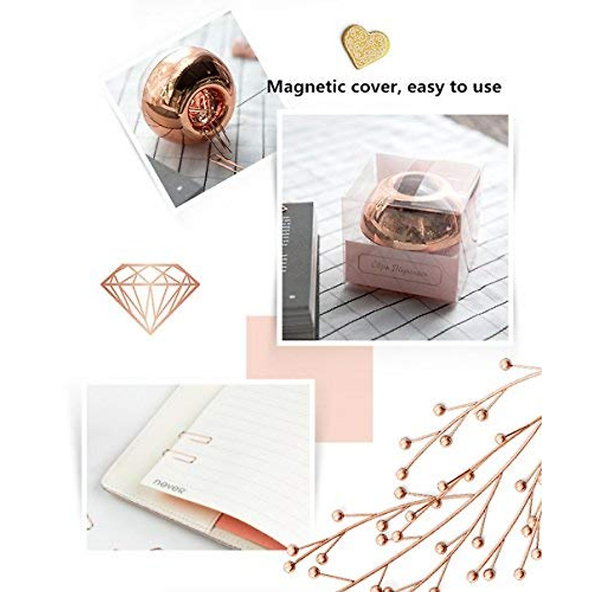 MultiBey NE0600607 Light Luxury Fashion Paper Clips, Rose Gold Edition, In Round Paper Clip Holder With Magnetic Lid, 28 mm, 100 Piece Per Box